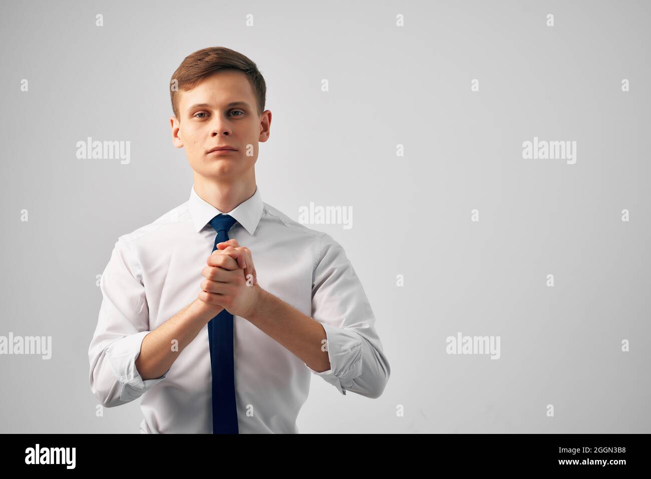business man in shirt with tie gesturing with hands work office Stock ...