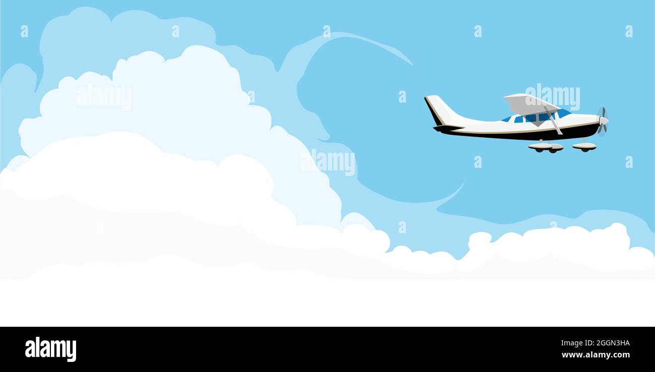 Small single engine airplane cessna flying in blue sky with clouds ...