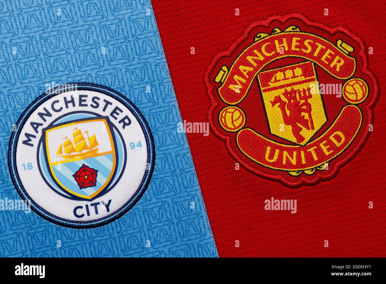 Close up of Manchester United & Manchester City club crest Stock Photo ...