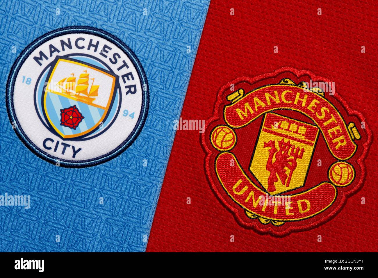 Close up of Manchester United & Manchester City club crest Stock Photo ...