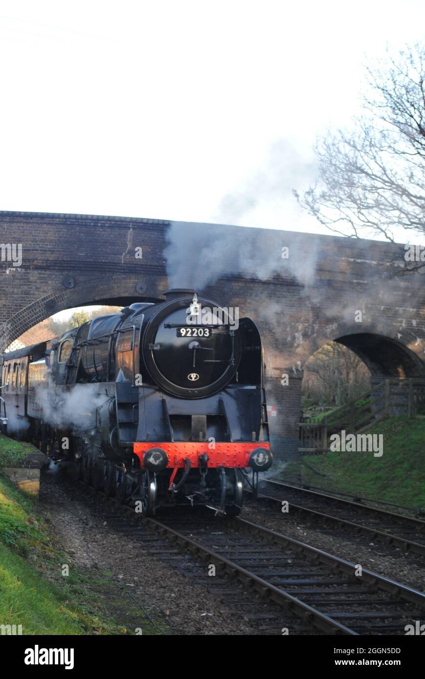 A big black steam train passing under a bridge. A BR 9F Stock Photo - Alamy