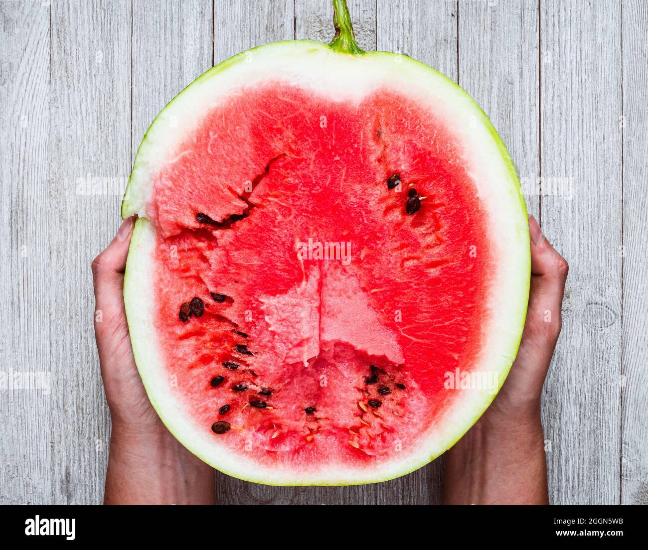 Hands holding a half of a fresh watermelon Stock Photo - Alamy