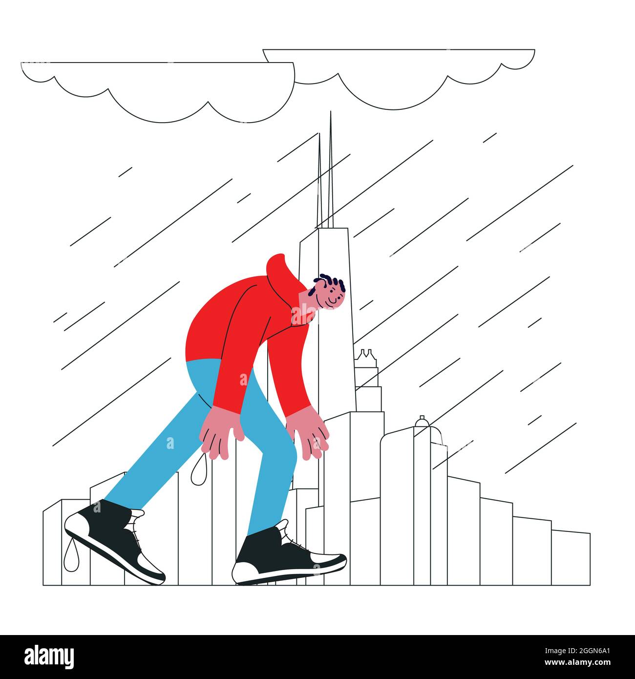 A black young man walks through the city through a storm. Symbol of ...