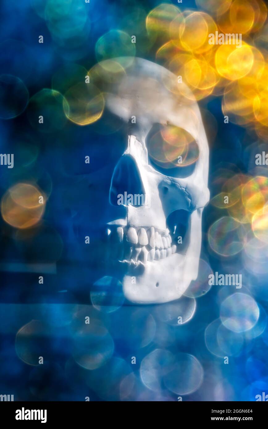 human skull surrounded by gold and silver sparkly haze Stock Photo - Alamy