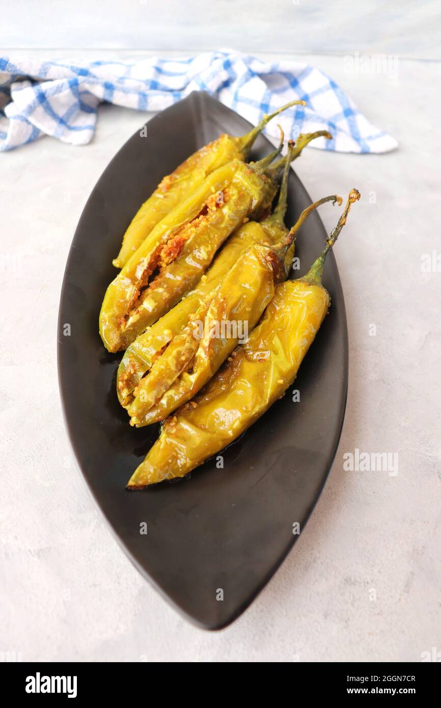 Stuffed Green Chillies fry, Bharwa Masala Mirch or Bharli Mirchi ...