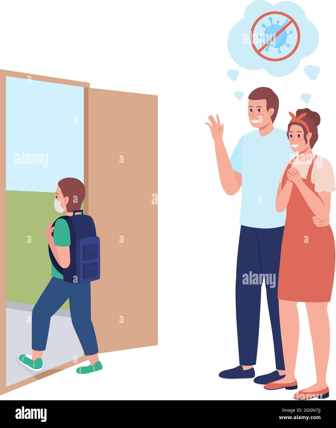 Mom and dad see son off to lesson semi flat color vector character ...