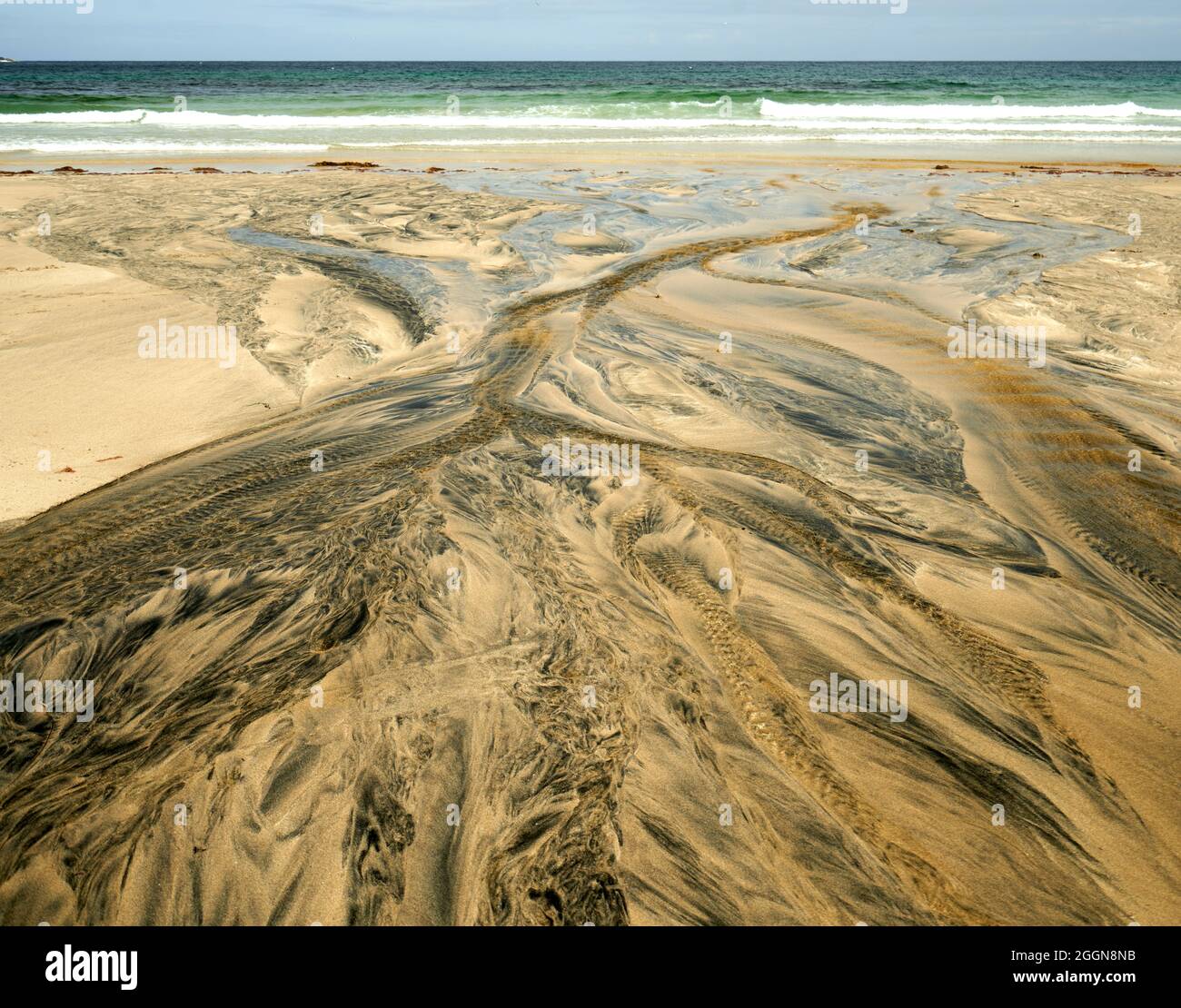 Fluvial details on a beach where peat is washed out into the sand and ...