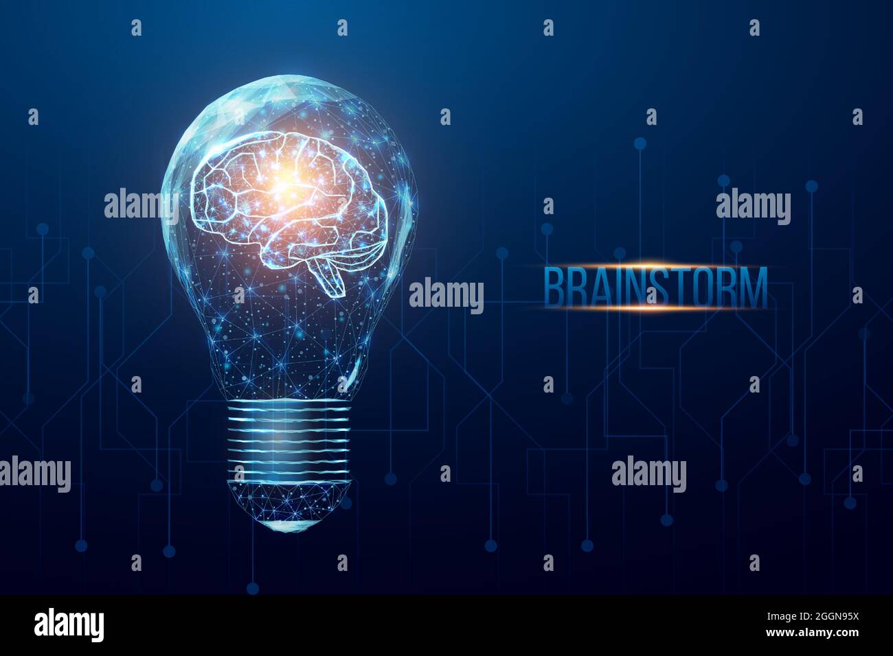 Wireframe polygonal human brain in a lightbulb. Business idea ...