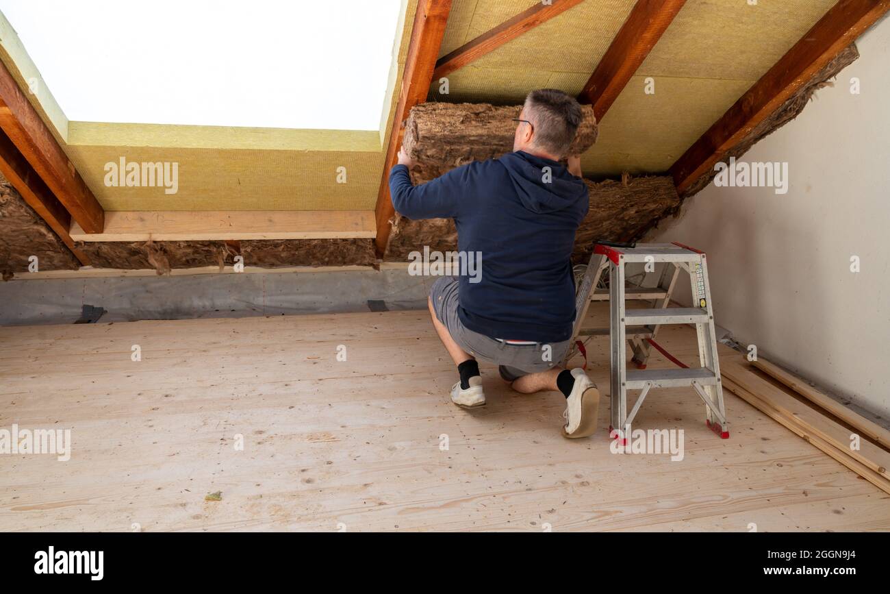 Craftsman putting insulation material to the attic Stock Photo - Alamy