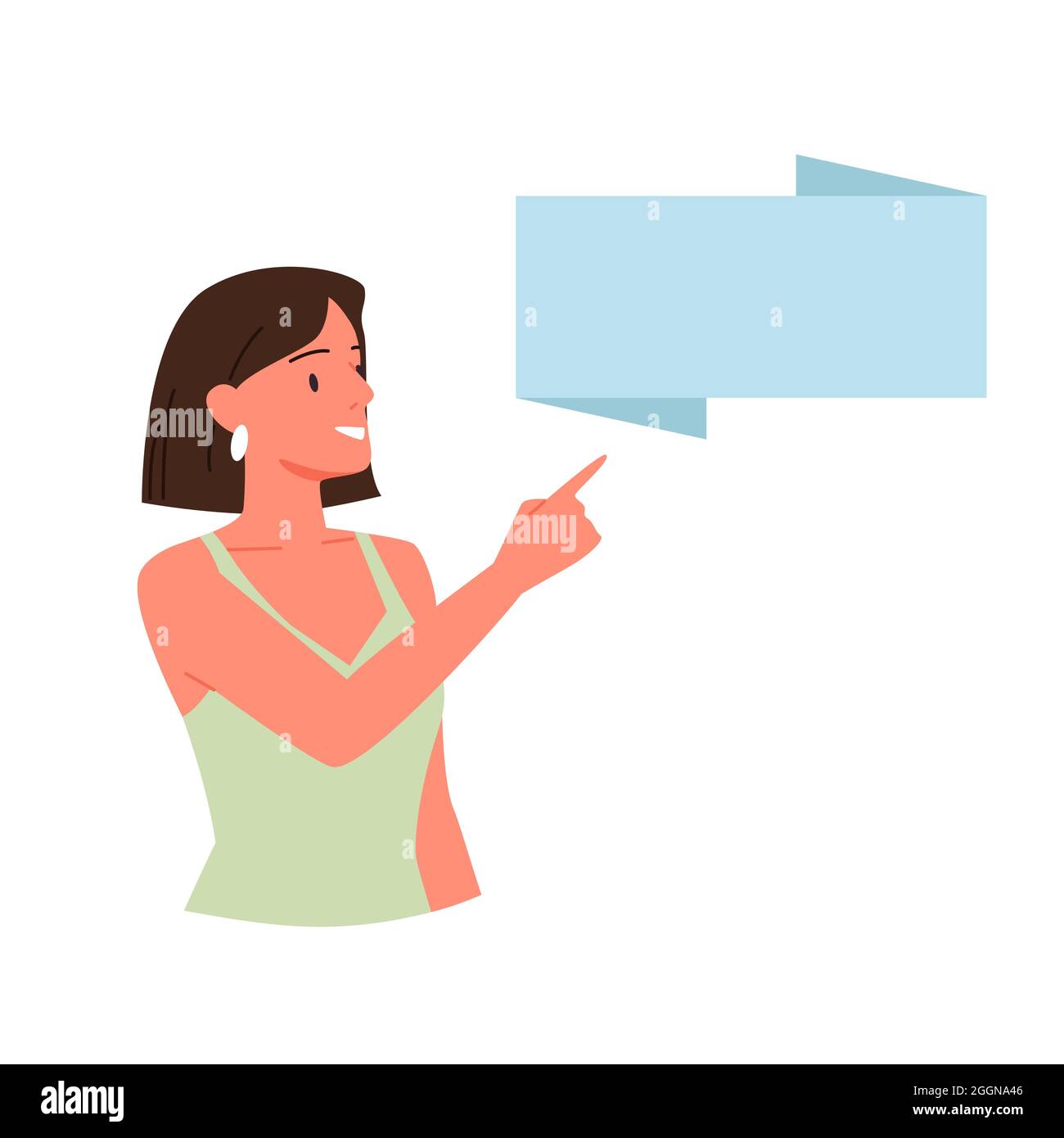 Woman pointing finger at banner poster, girl in dress showing board ...