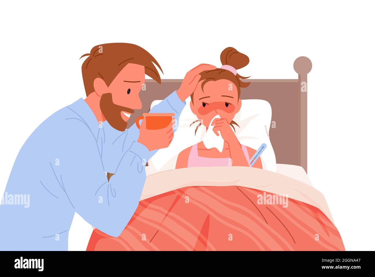 Father helping of sick daughter, boy lying in bed vector illustration ...