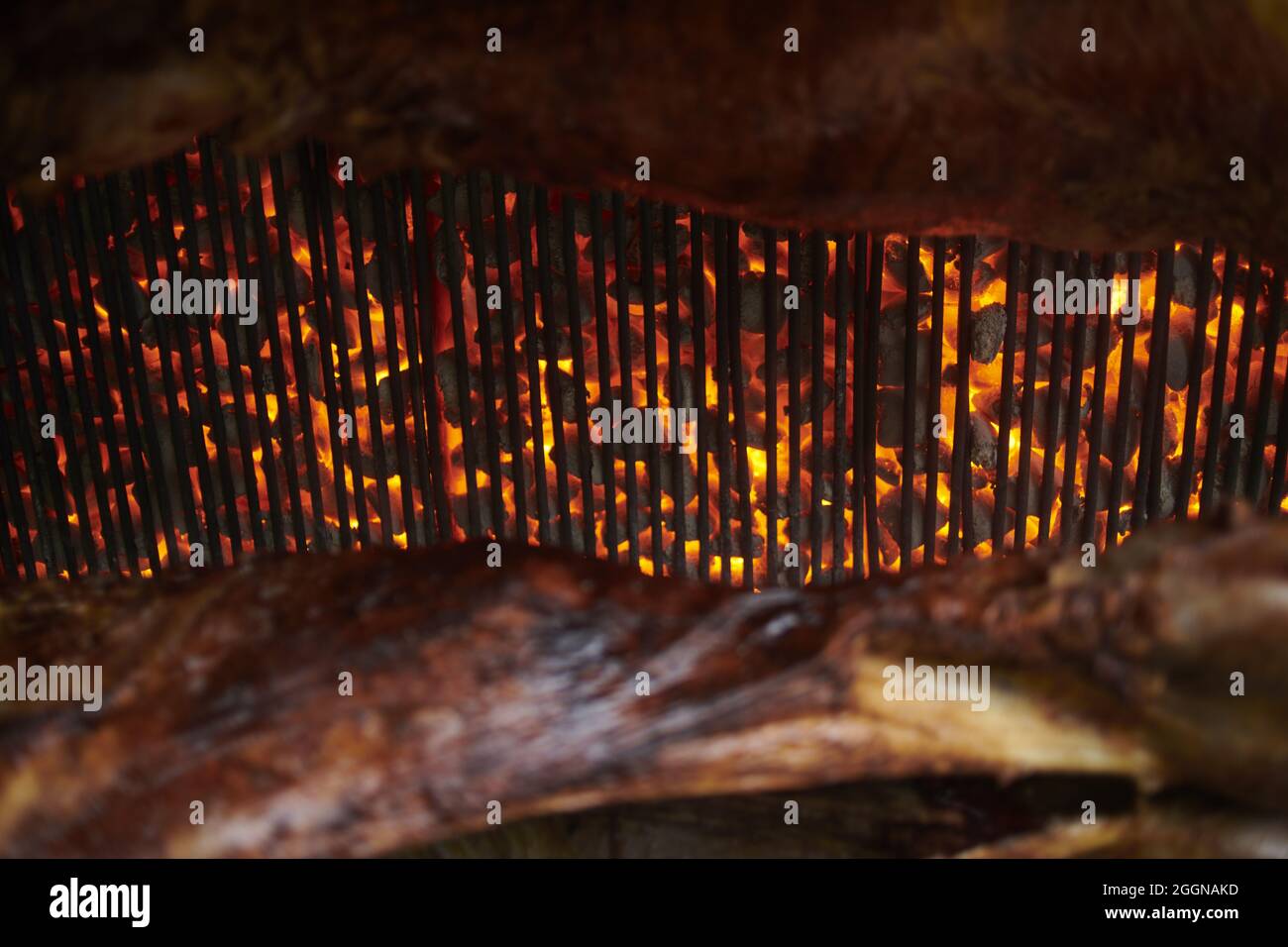 Selective shot of fire coals and roasted lamb on a spit in a farm Stock ...