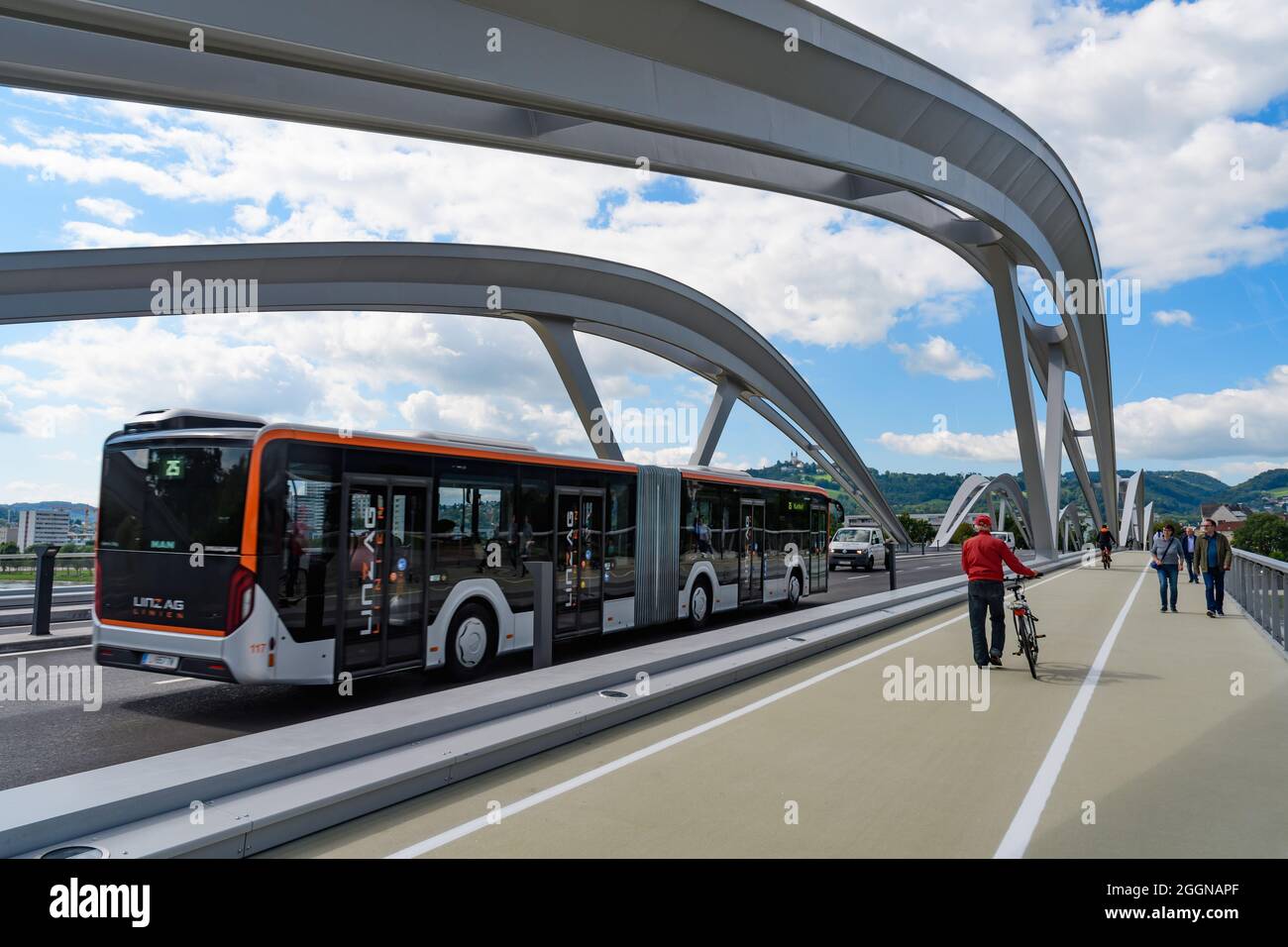 linz, austria, 01 sep 2021, public bus on the new bridge over the ...