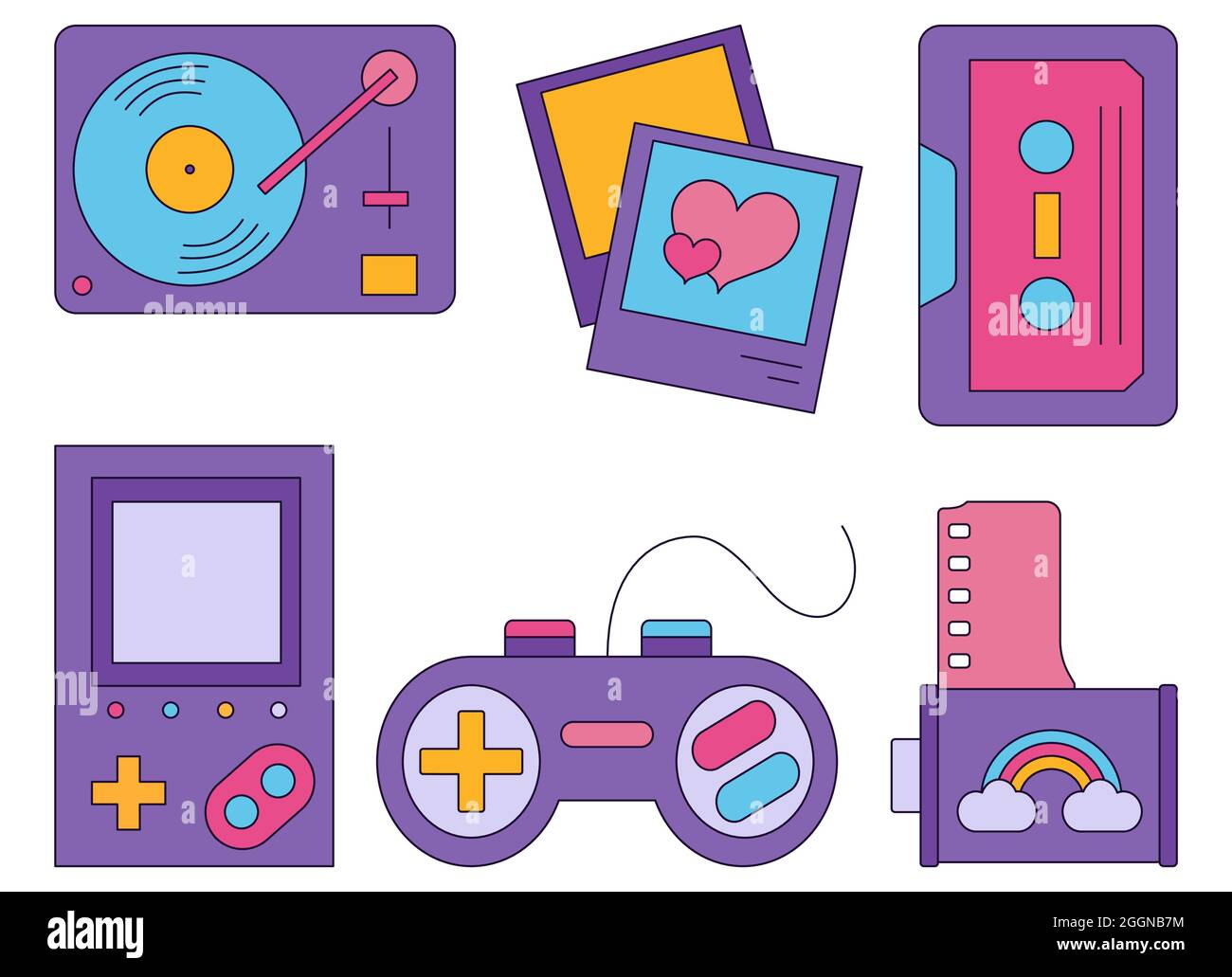 Set of purple icons in 90s retro style. Vector illustration in a flat ...