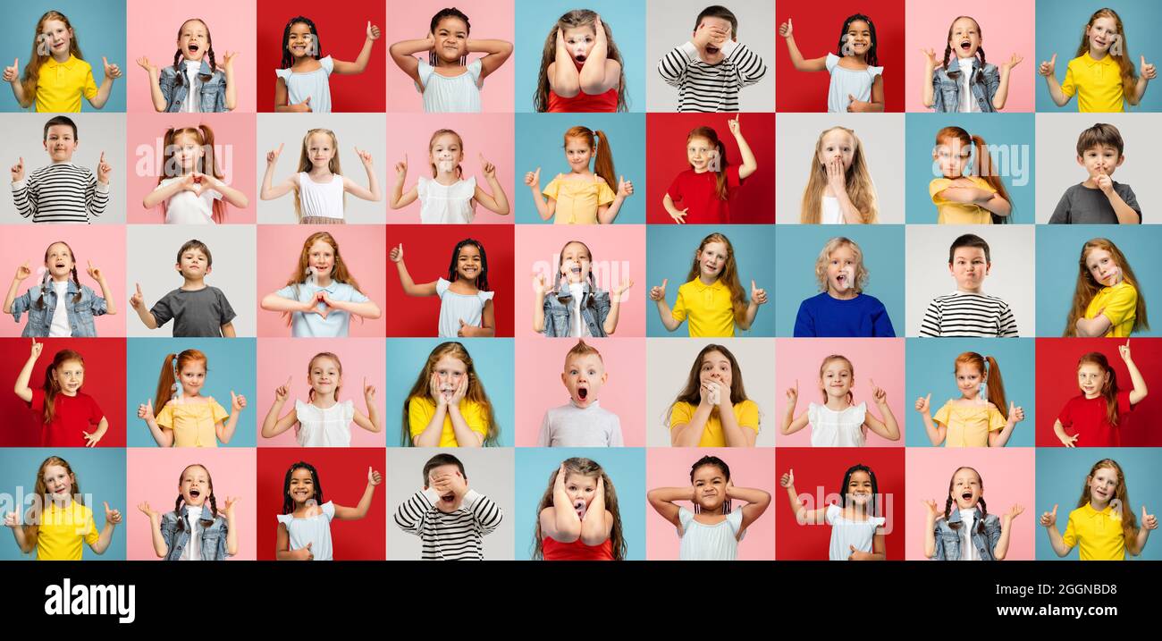 Collage of faces of surprised, shocked children, kids, pupils isolated ...