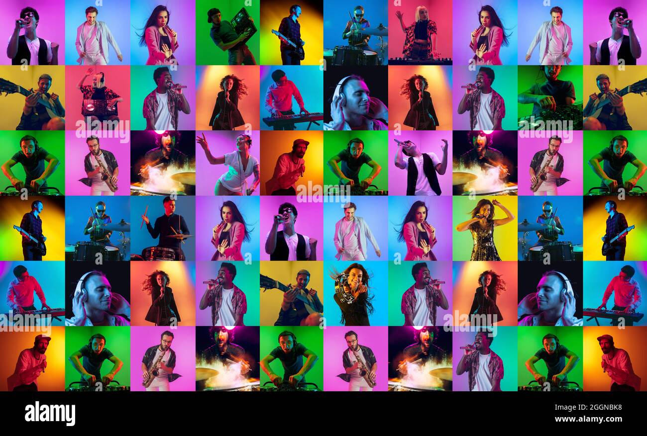 Collage of faces of surprised musicians on multicolored backgrounds ...