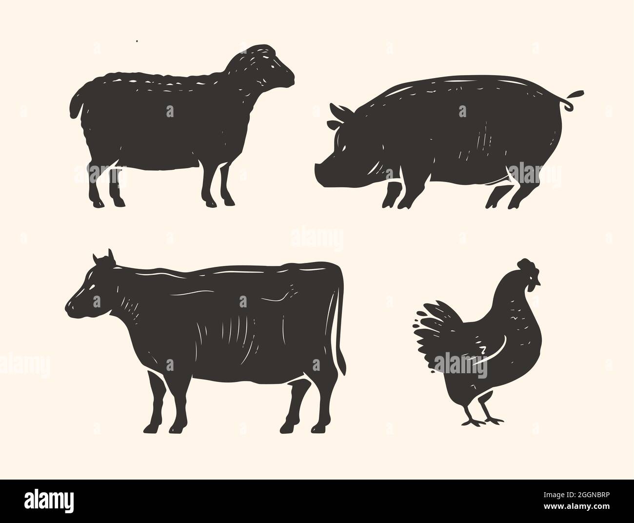 Set of animals for the butcher shop. Cow, pig, chicken and lamb symbol ...