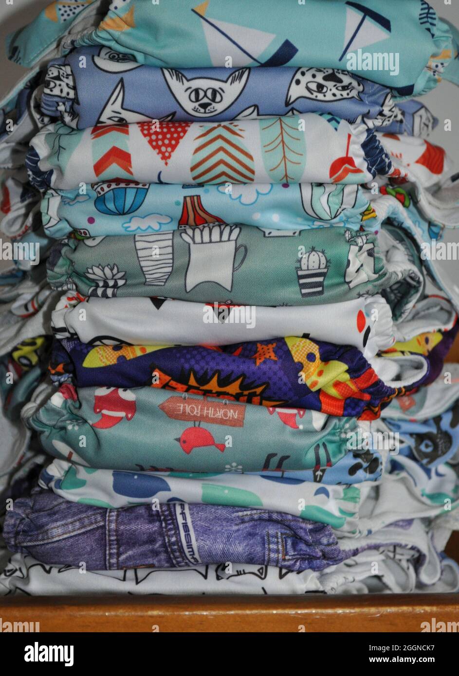 Reusable nappy (diaper) tower. The nappies have individual patterns ...