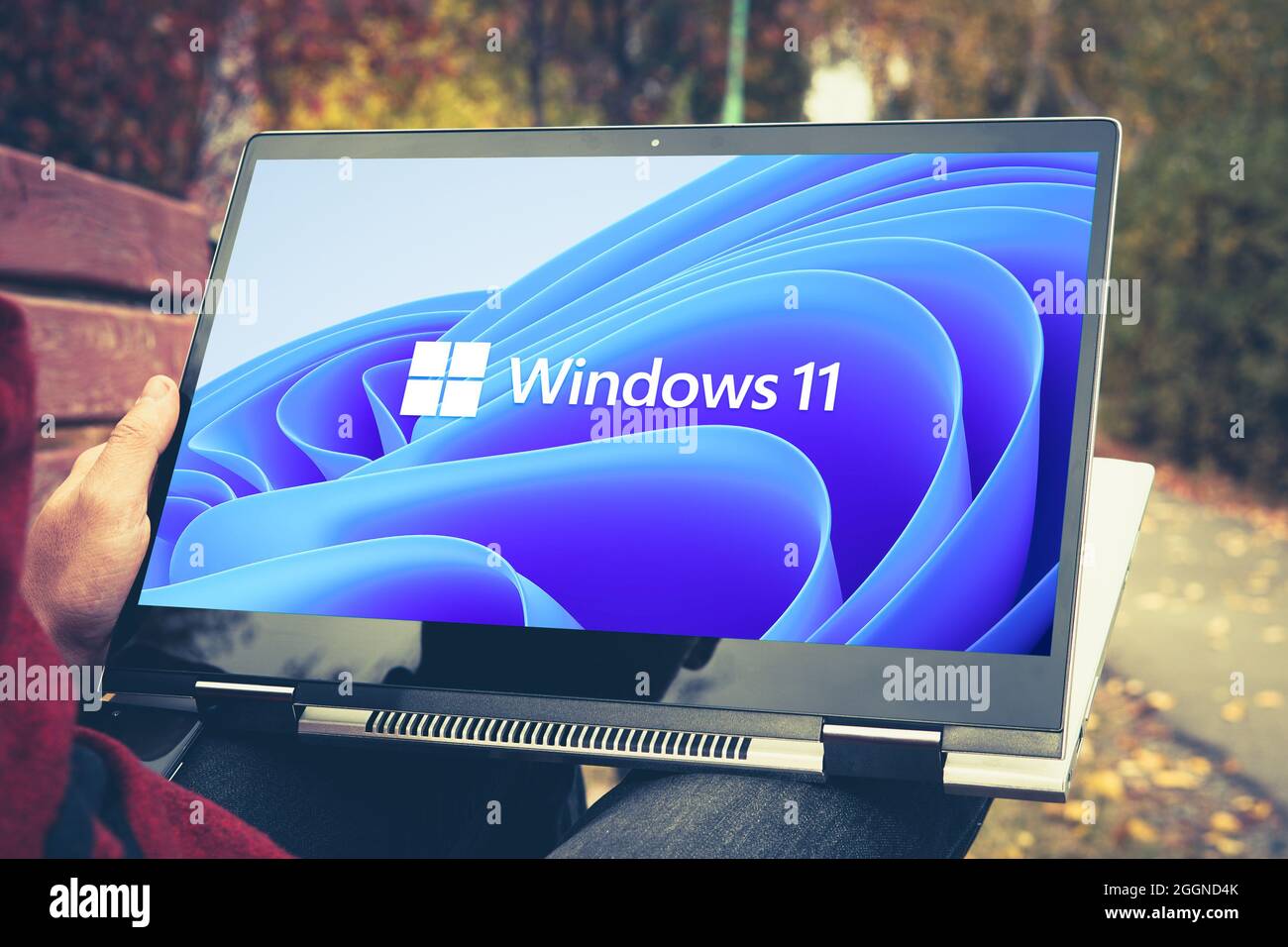June 23, 2021. Barnaul, Russia. Windows 11 logo on the screens of a ...