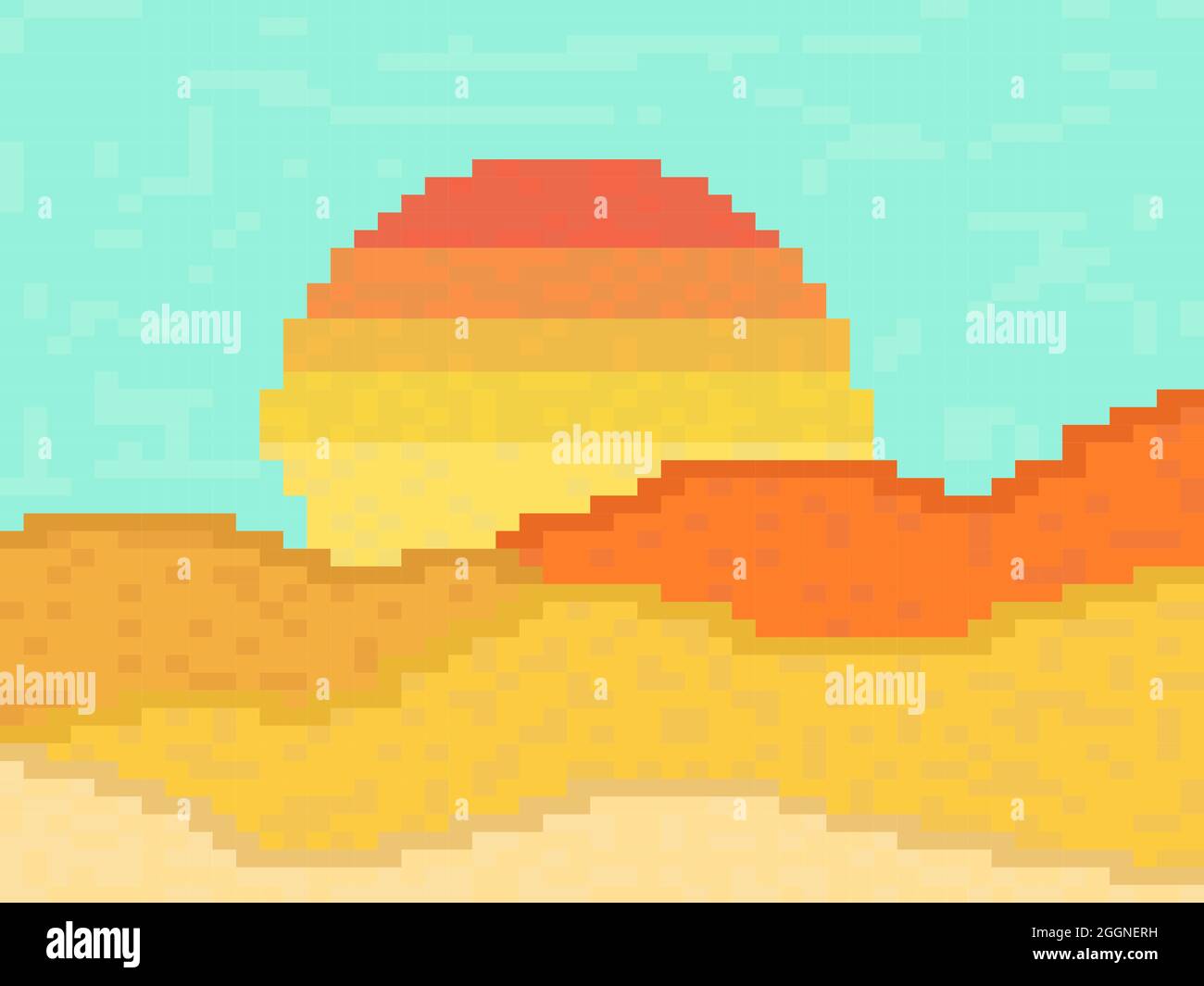 Pixel landscape with mountains and sun. Sunrise over the mountains in ...