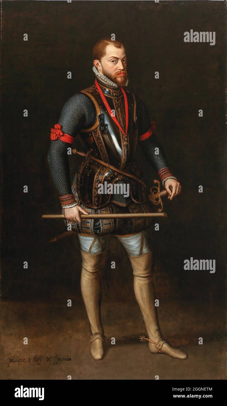 Portrait of Philip II (1527-1598), King of Spain, in armor and with the ...