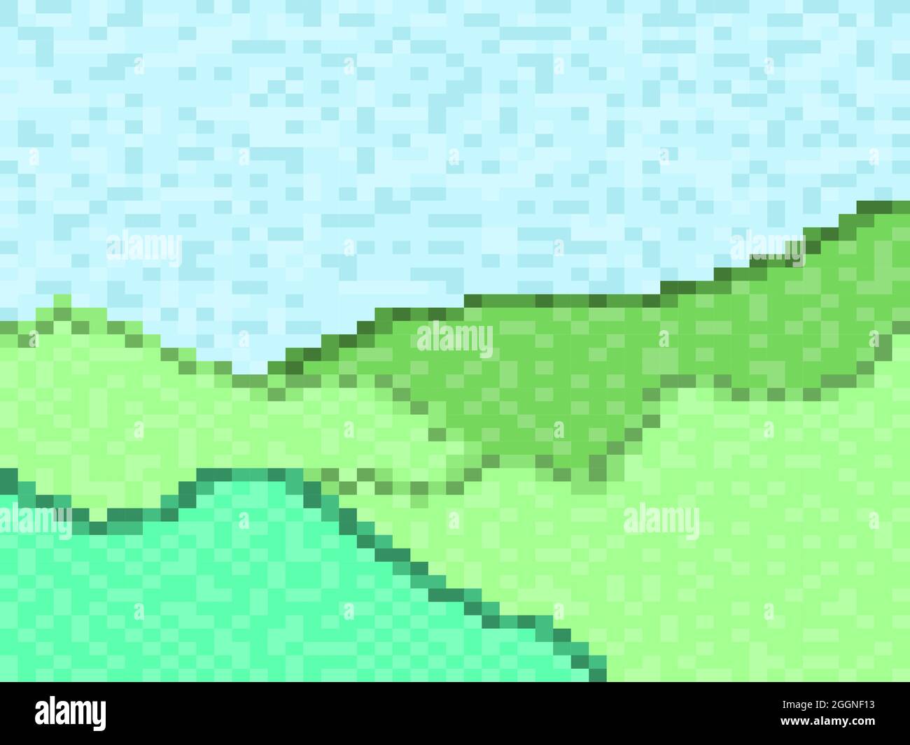 Pixel landscape with green meadows and hills. Retro 8-bit video game of ...