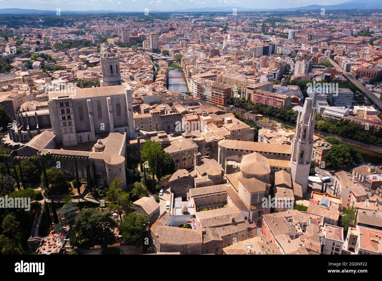 Aerial view of Girona with Cathedral and Collegiate Church on Onyar ...