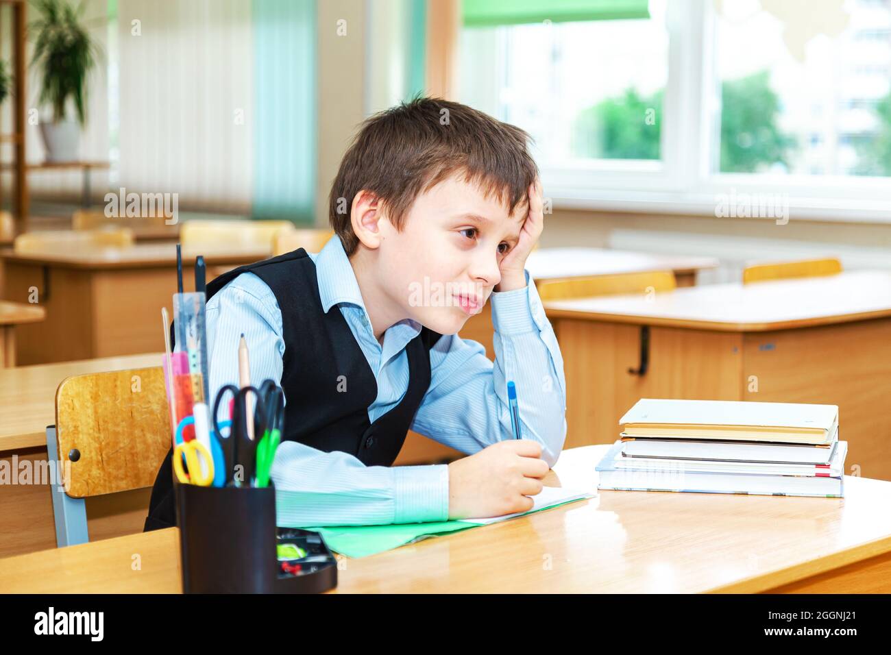 Serious schoolboy in the classroom. Primary school student. Back to ...