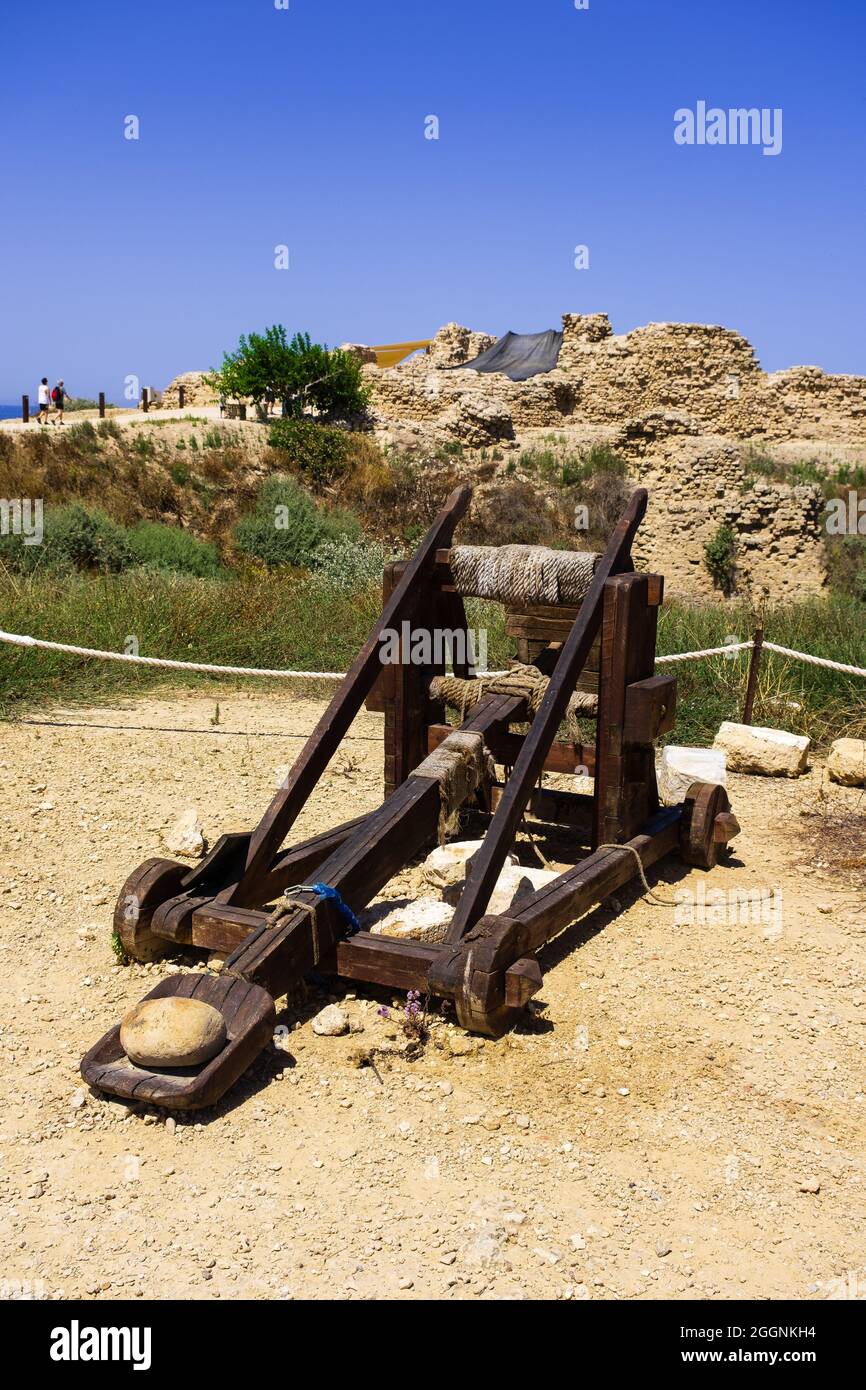 Ancient siege weapons in Apollonia National Park, Israel Stock Photo ...