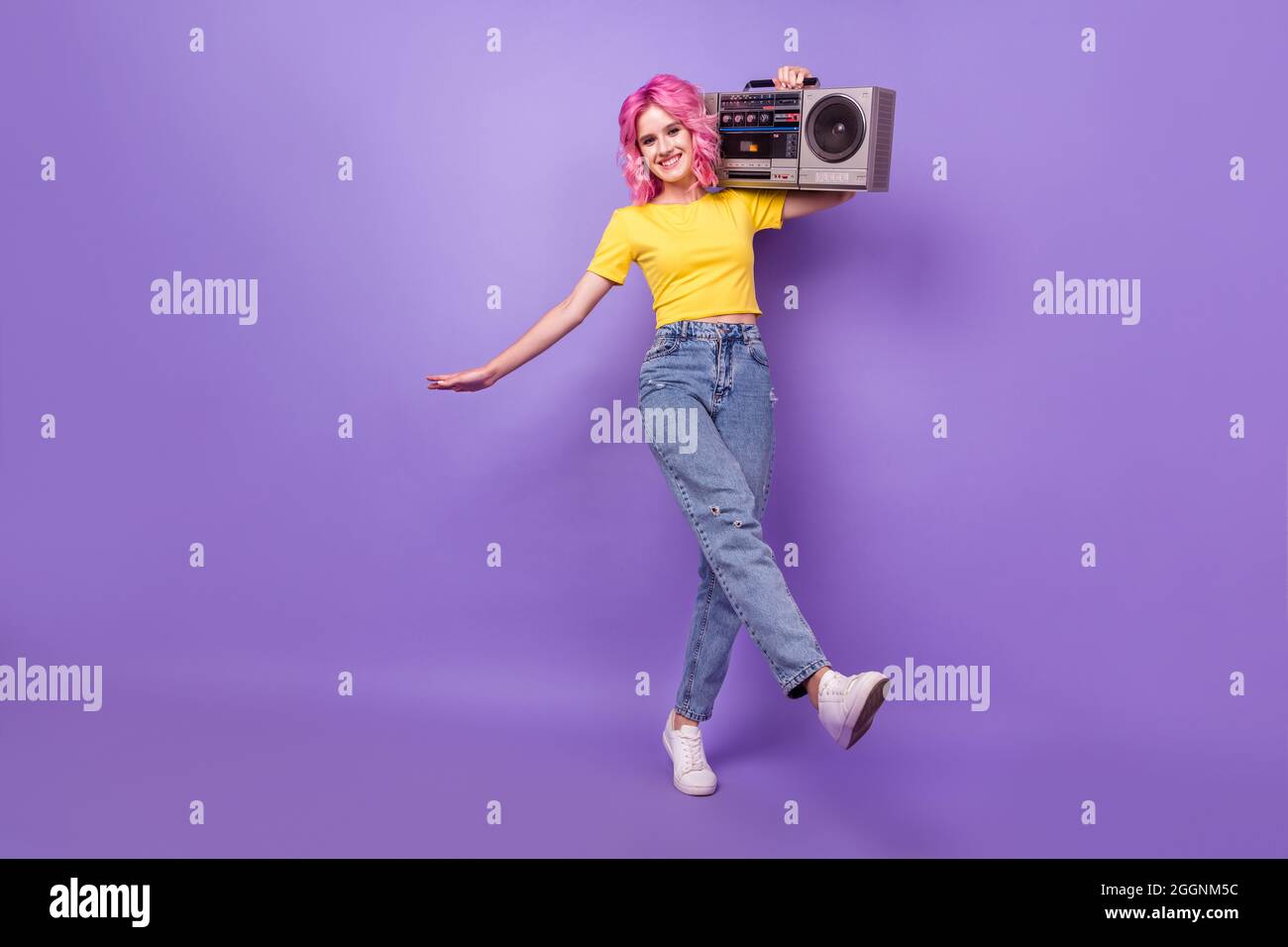 Full body photo of young girl happy positive smile go walk boombox ...