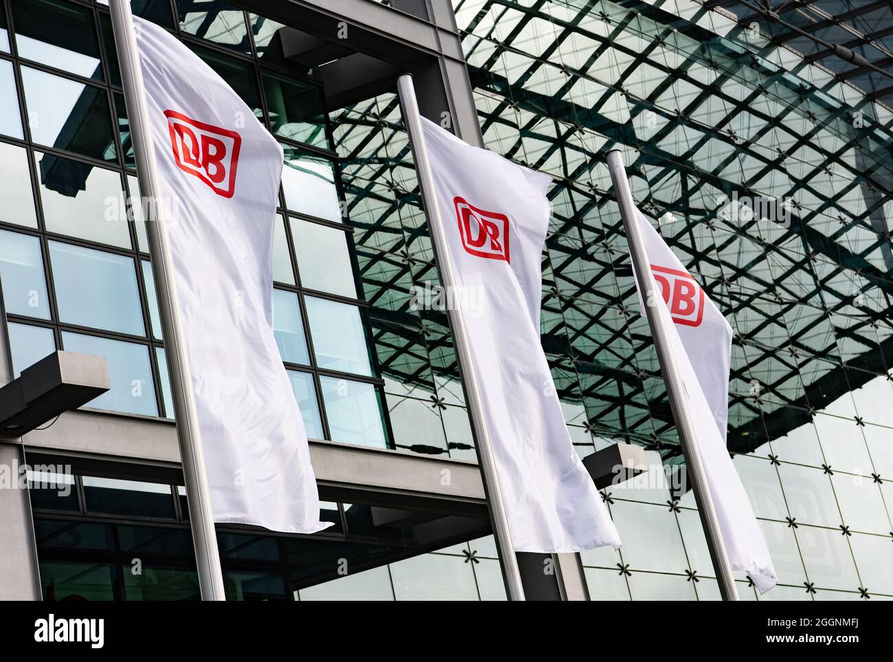 Berlin, Germany. 02nd Sep, 2021. Flags with the logo of Deutsche Bahn ...