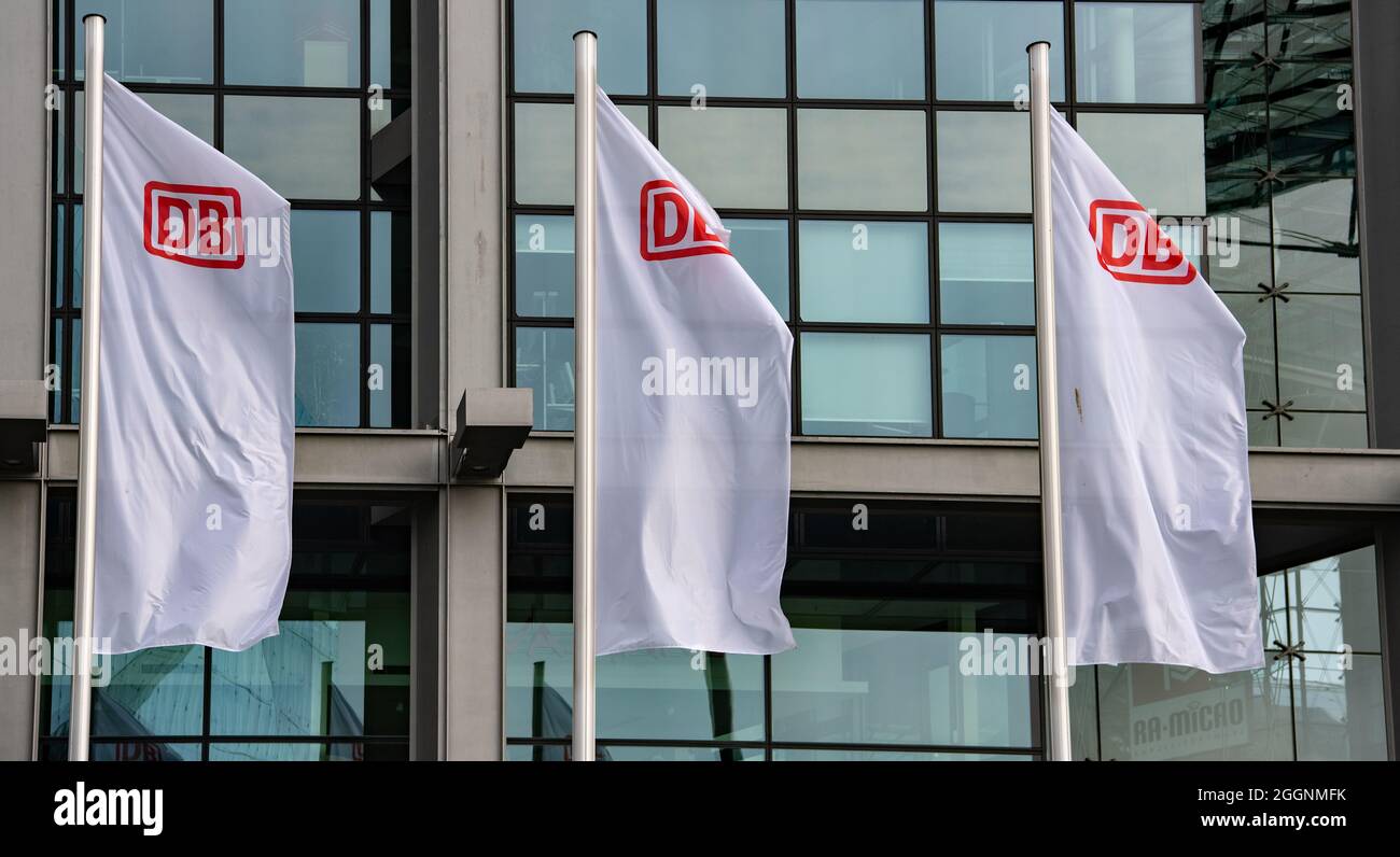 Berlin, Germany. 02nd Sep, 2021. Flags with the logo of Deutsche Bahn ...