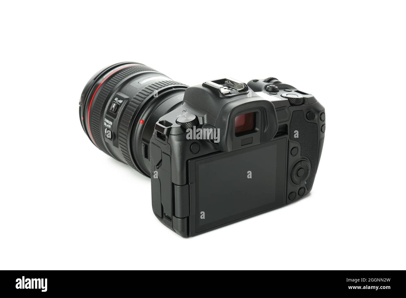 Camera with lens isolated on white background Stock Photo - Alamy