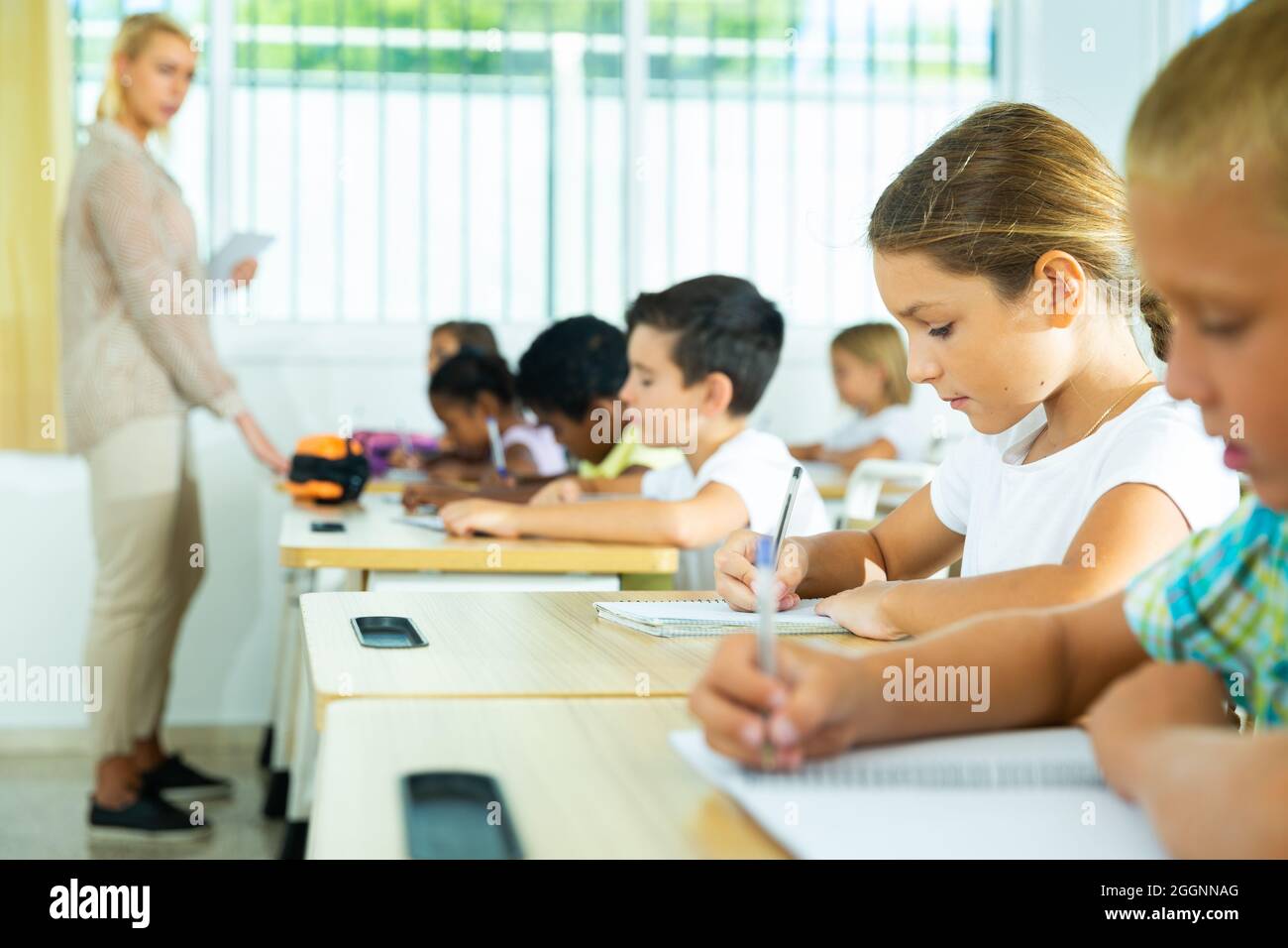Diligent tween girl studying with classmates in elementary school Stock ...