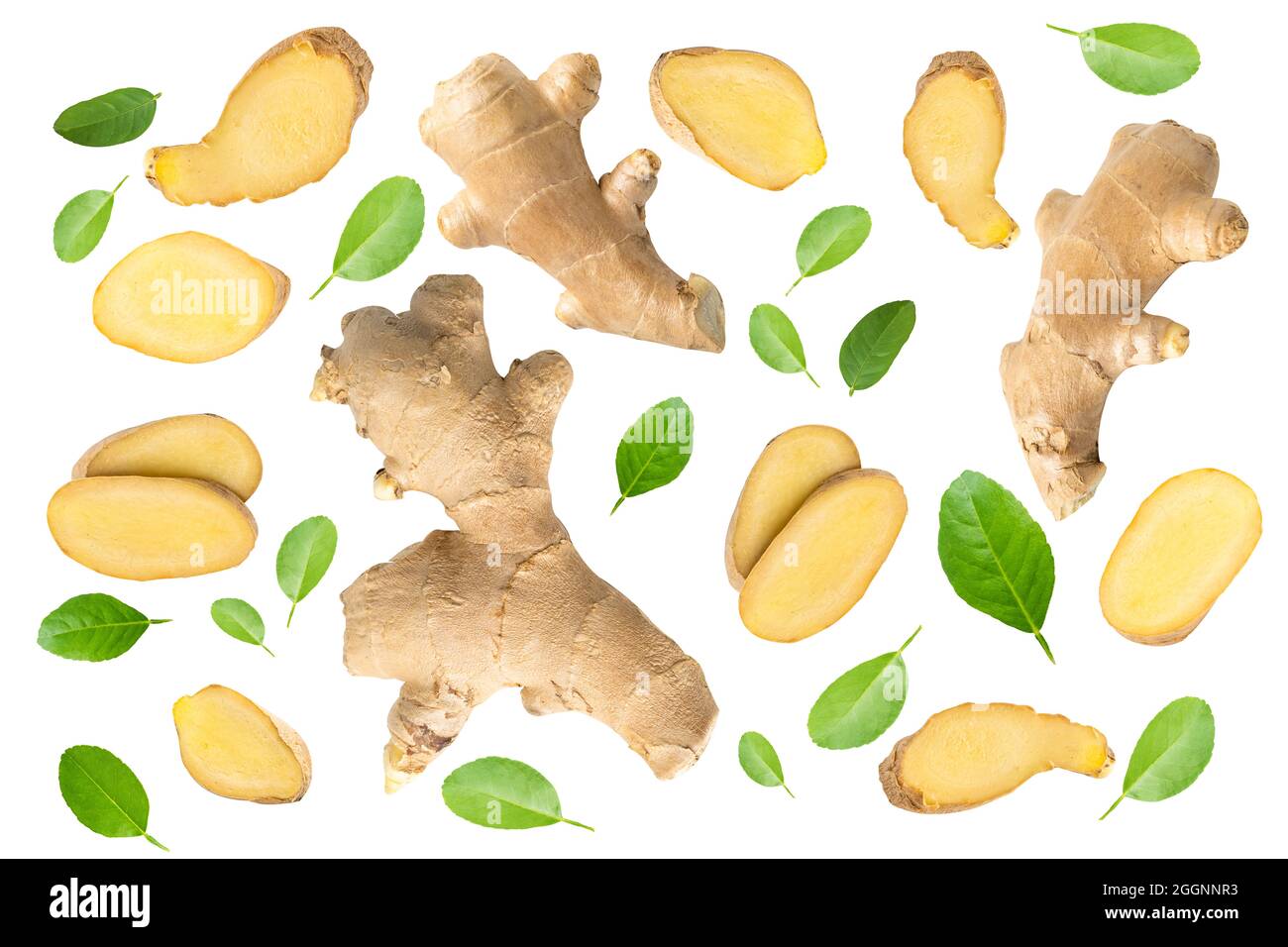 Ginger rhizome root with fresh slice and leaf isolated on white ...
