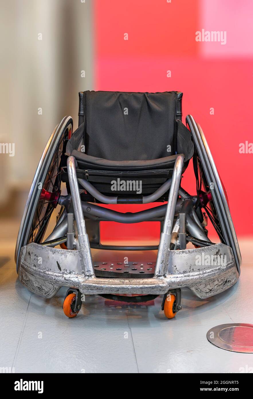tokyo, japan - august 30 2021: Closeup on a sports wheelchair with a ...