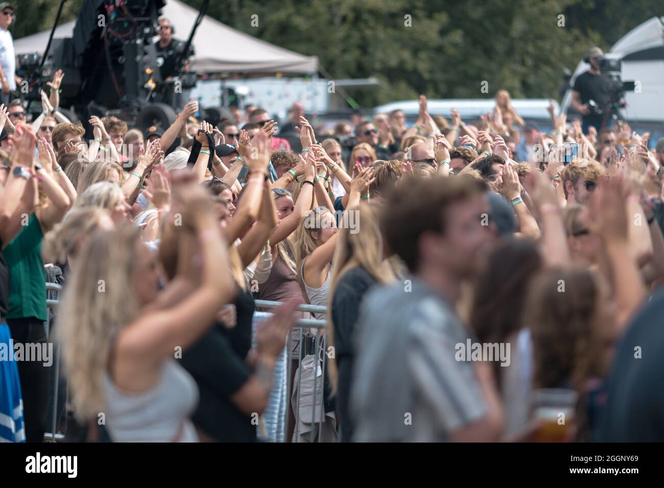 BORNHOLM, DENMARK - Aug 07, 2021: A large crowd gathered to a concert ...