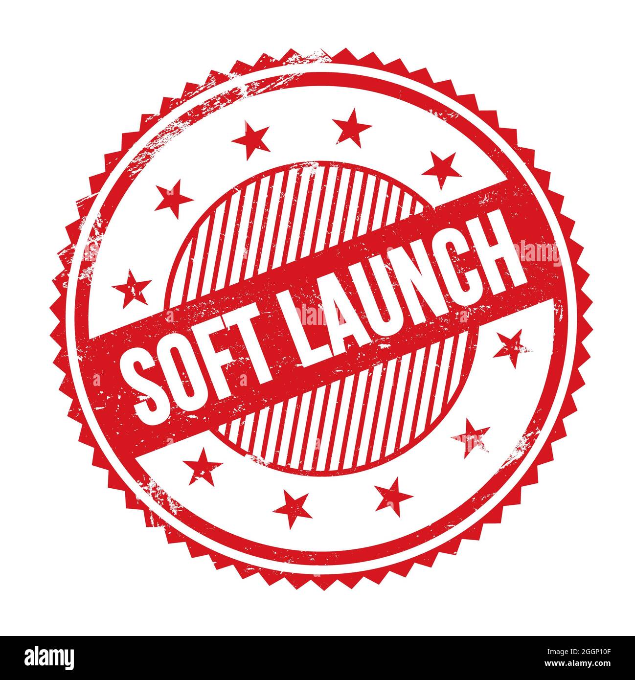 SOFT LAUNCH text written on red grungy zig zag borders round stamp ...