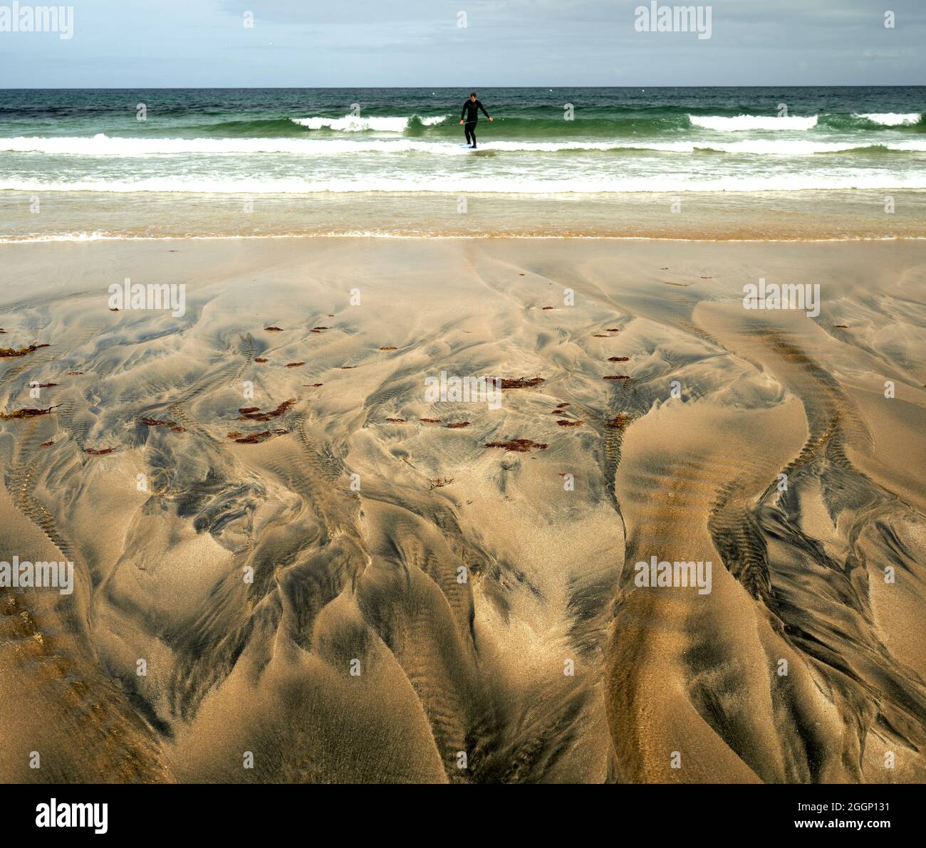 Fluvial details on a beach where peat is washed out into the sand and ...