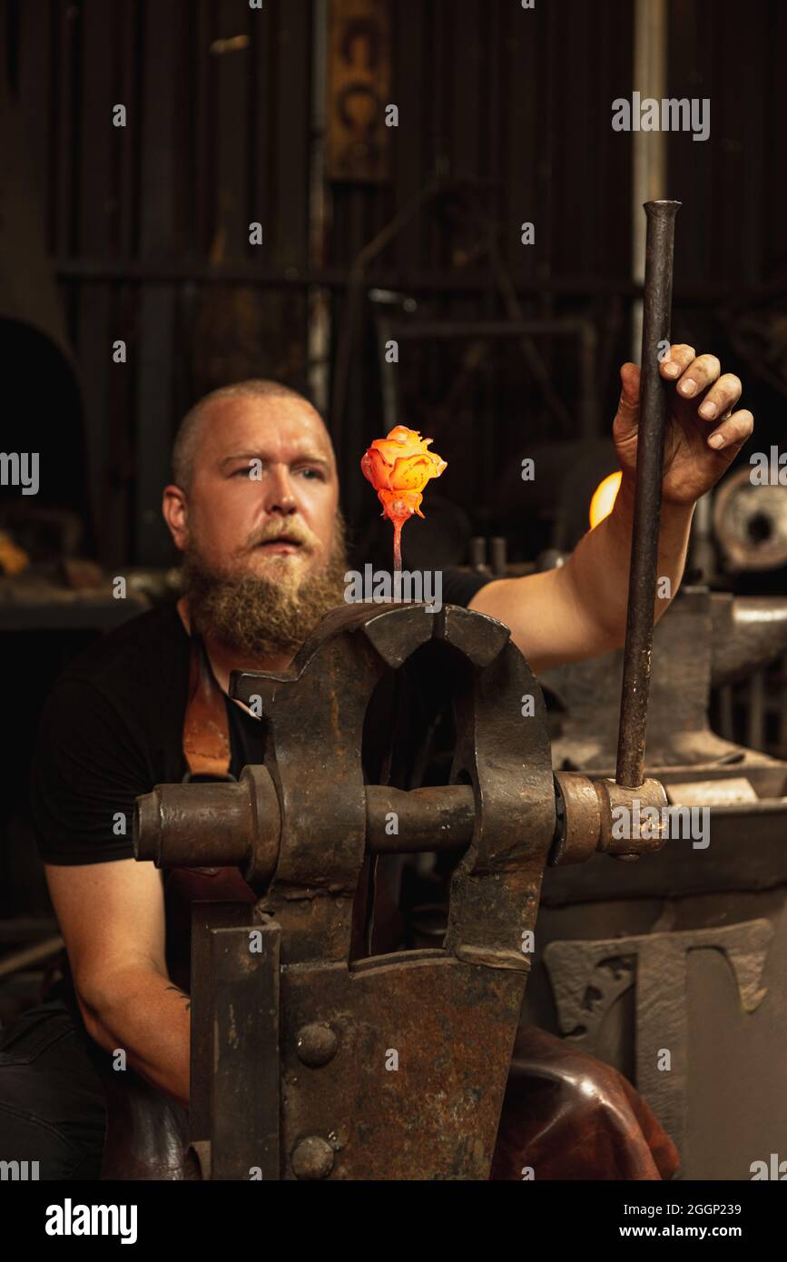 Beautiful rose. Blacksmith manually forging molten metal on anvil in ...