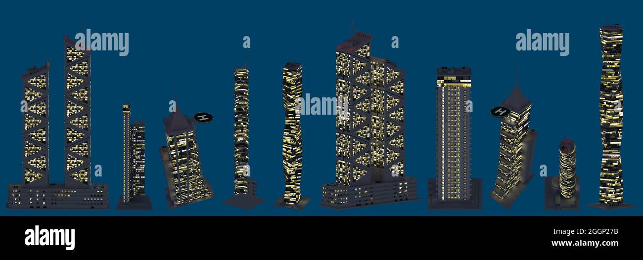 modern fictional architecture at evening with lights on, isolated top ...