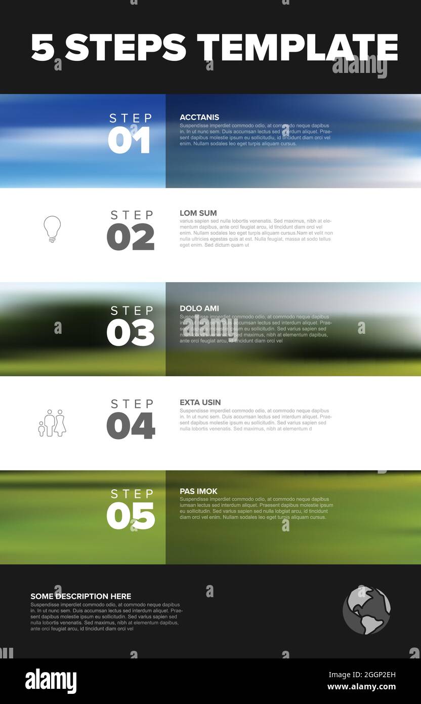 Five vector progress block steps template with descriptions, big numbers and icons and bigh ...