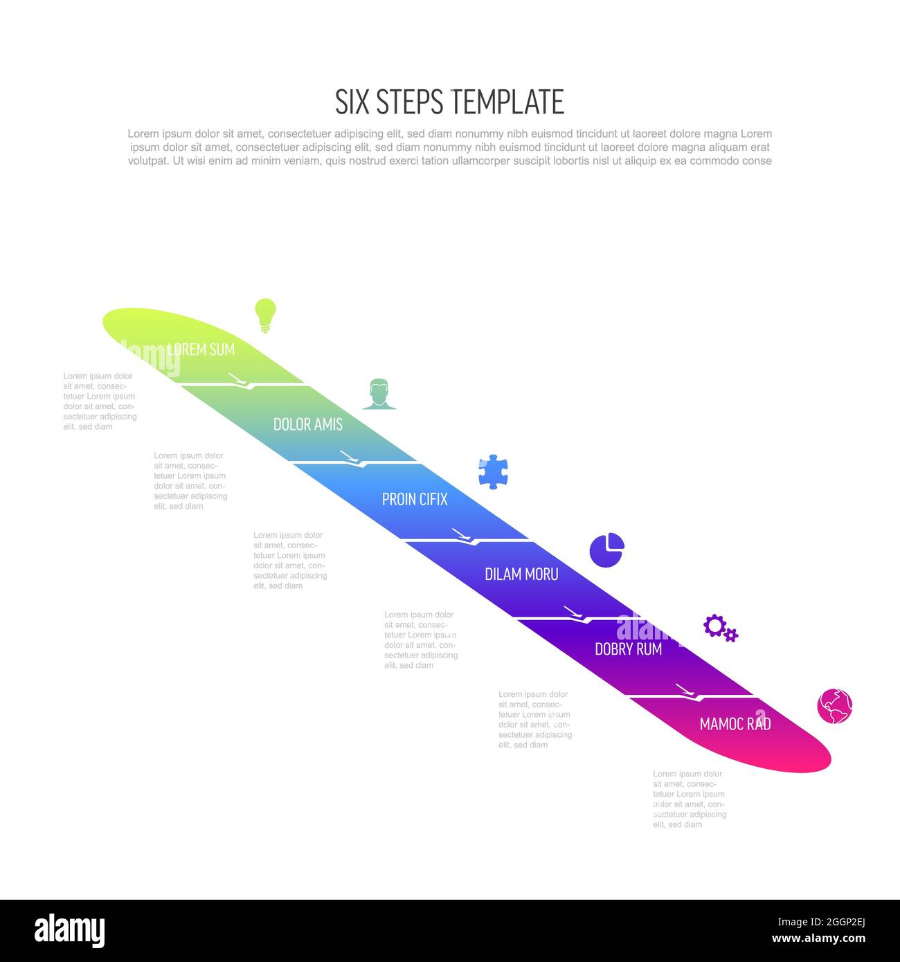 Six vector diagonal progress steps template with arrows and ...