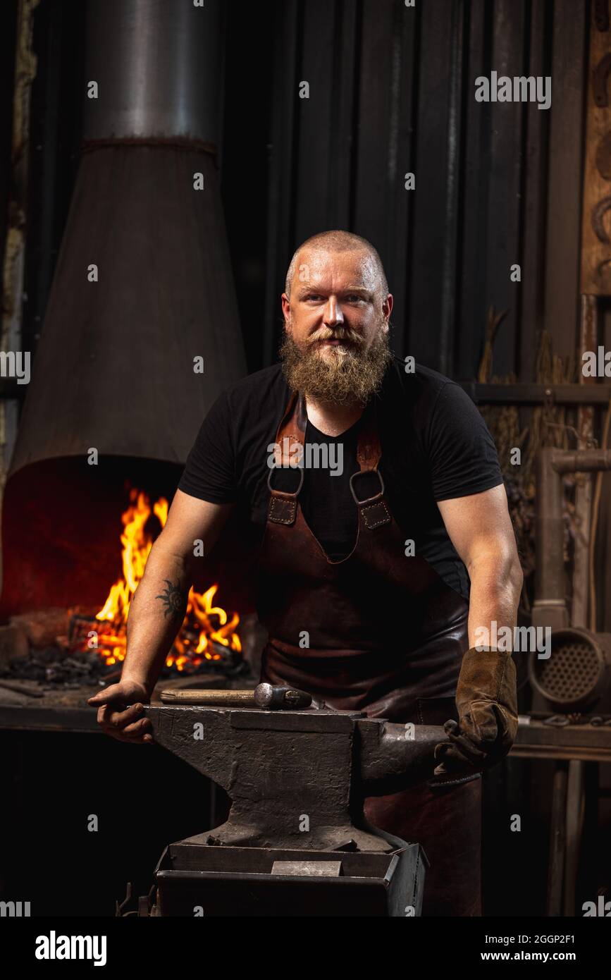 Bearded man, blacksmith manually forging the molten metal on the anvil ...