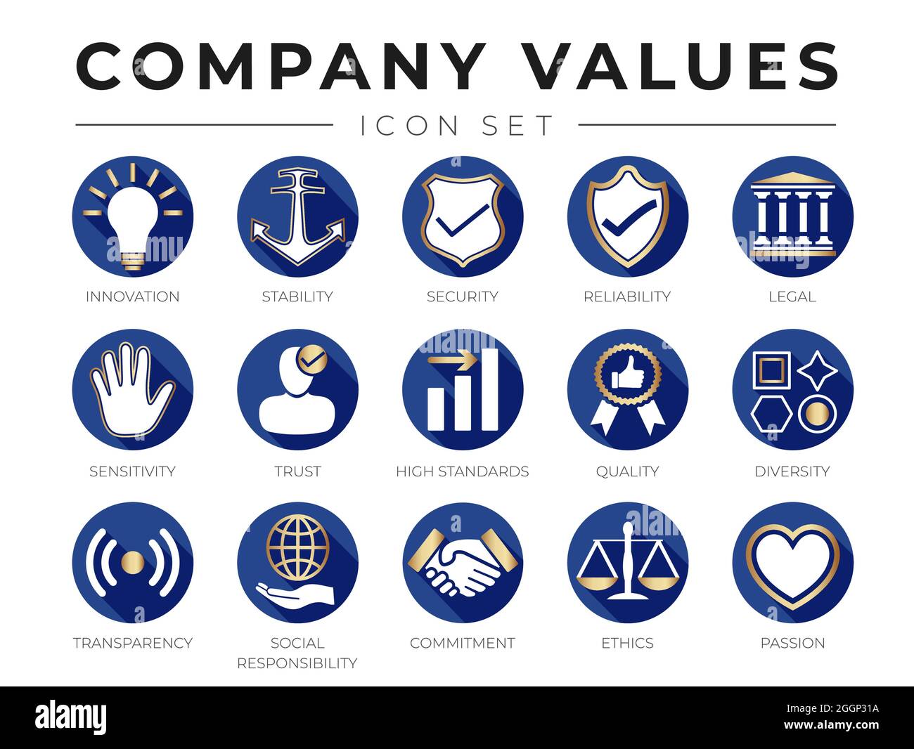 Flat Gold Company Core Values icon Set. Innovation, Stability, Security ...