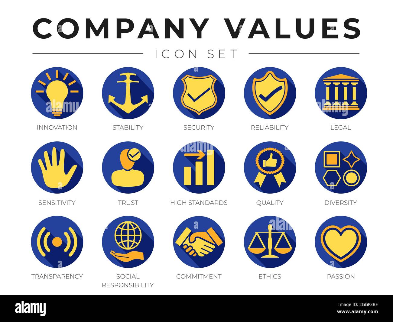 Flat Color Company Core Values icon Set. Innovation, Stability ...