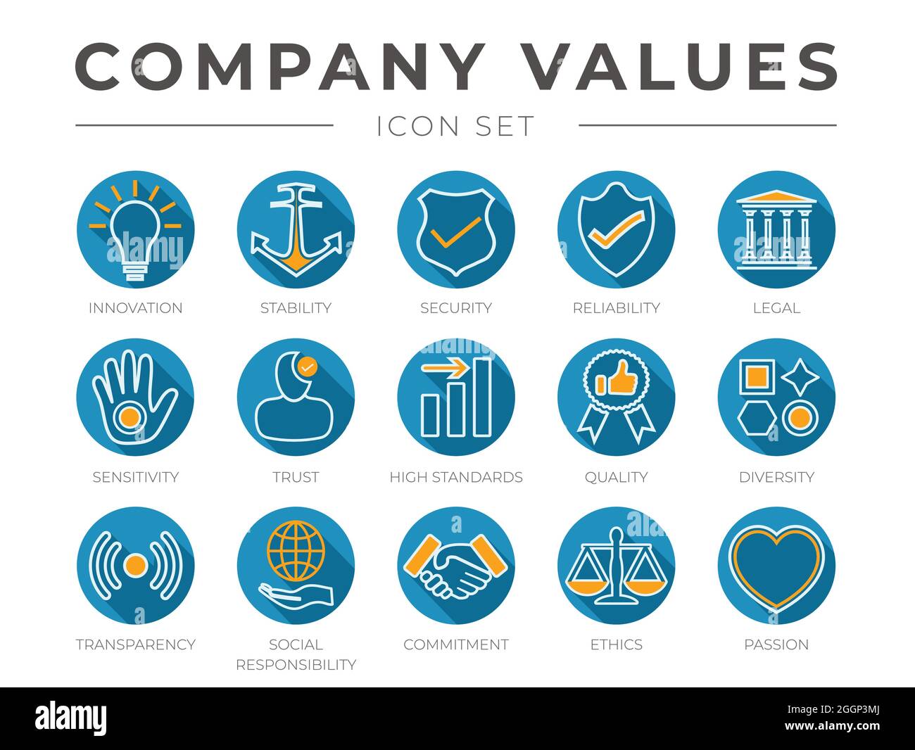 Flat Colorful Outline Company Core Values Icon Set. Innovation, Stability, Security, Reliability ...