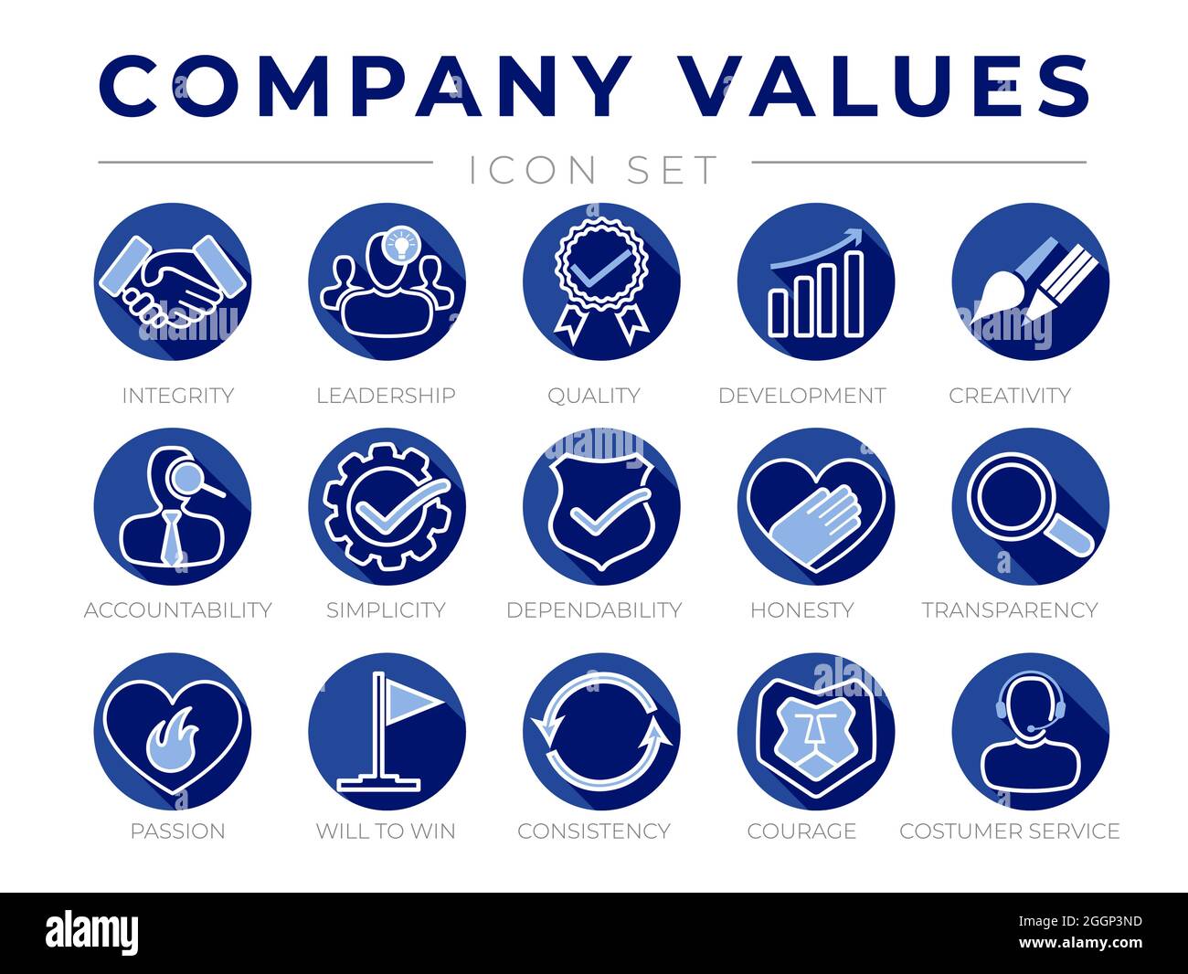 Blue Round Company Core Values Flat Icon Set. Integrity, Leadership ... Blue Round Company Core Values Flat Icon Set. Integrity, Leadership ...