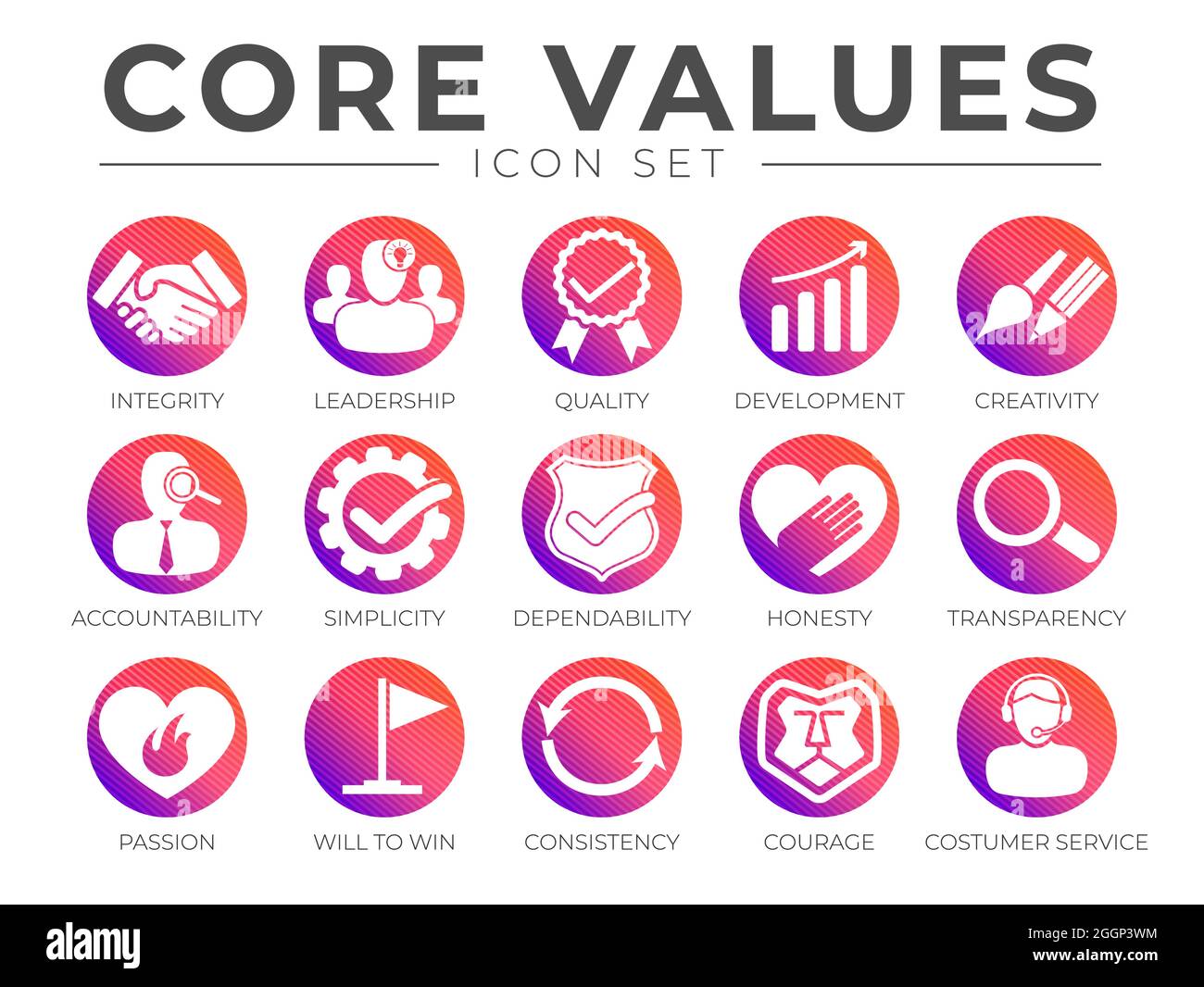 Company Core Values Round Web Icon Set. Integrity, Leadership, Quality and Development ...