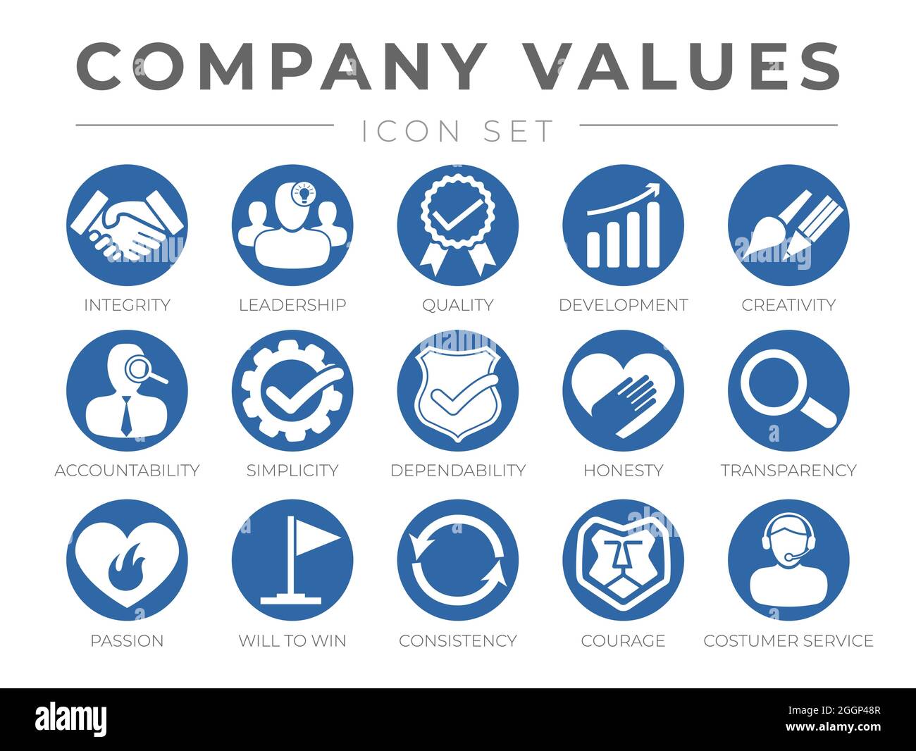 Company Core Values Round Web Icon Set. Integrity, Leadership, Quality ...